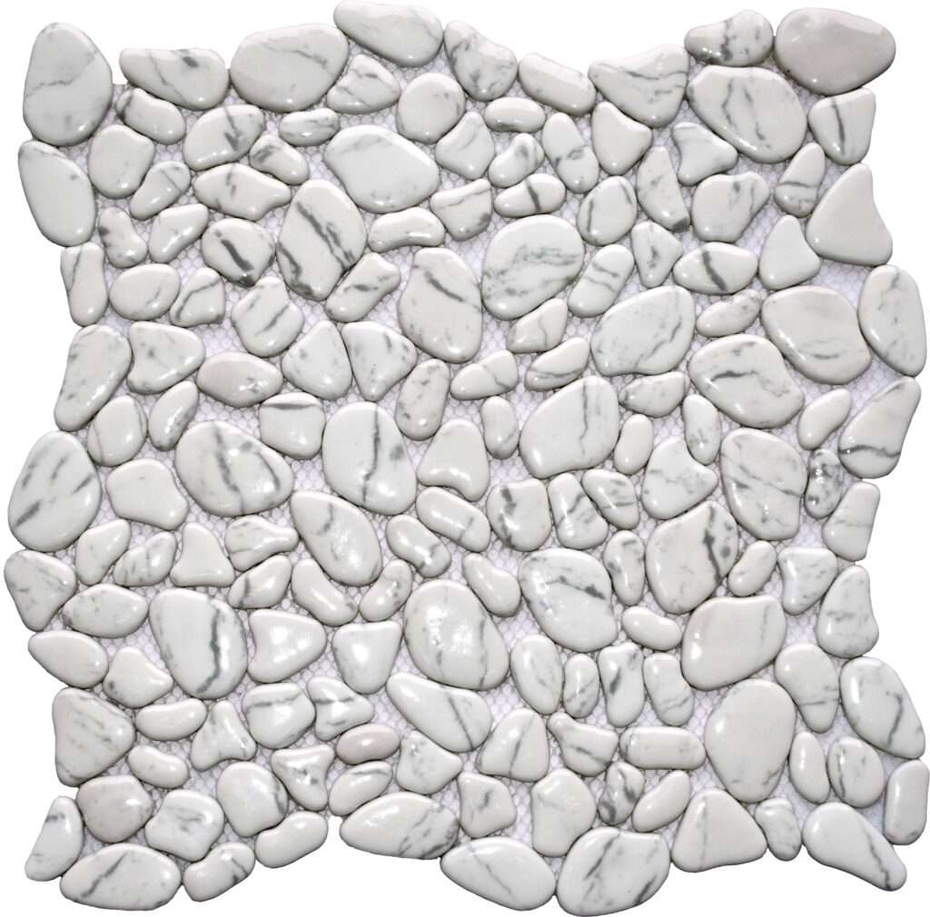 White Polished Recycled Glass Pebble Tile | Cascade Stoneworks